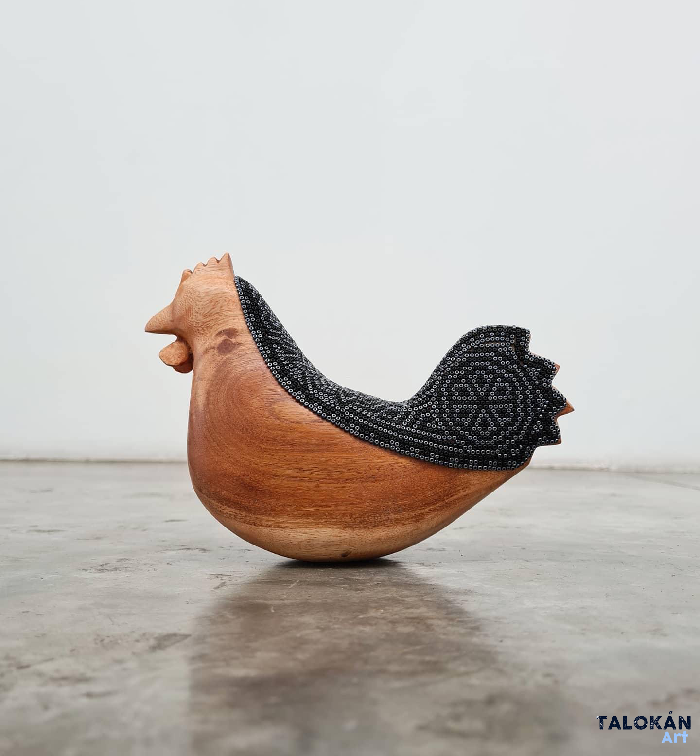 Wooden Hen Figurine with Huichol Art | Indigenous Crafts | Talokan Art