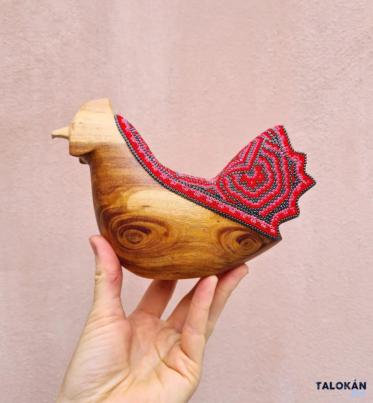 Wooden Hen Figurine with Huichol Art | Beaded Wooden Hen | Talokan Art