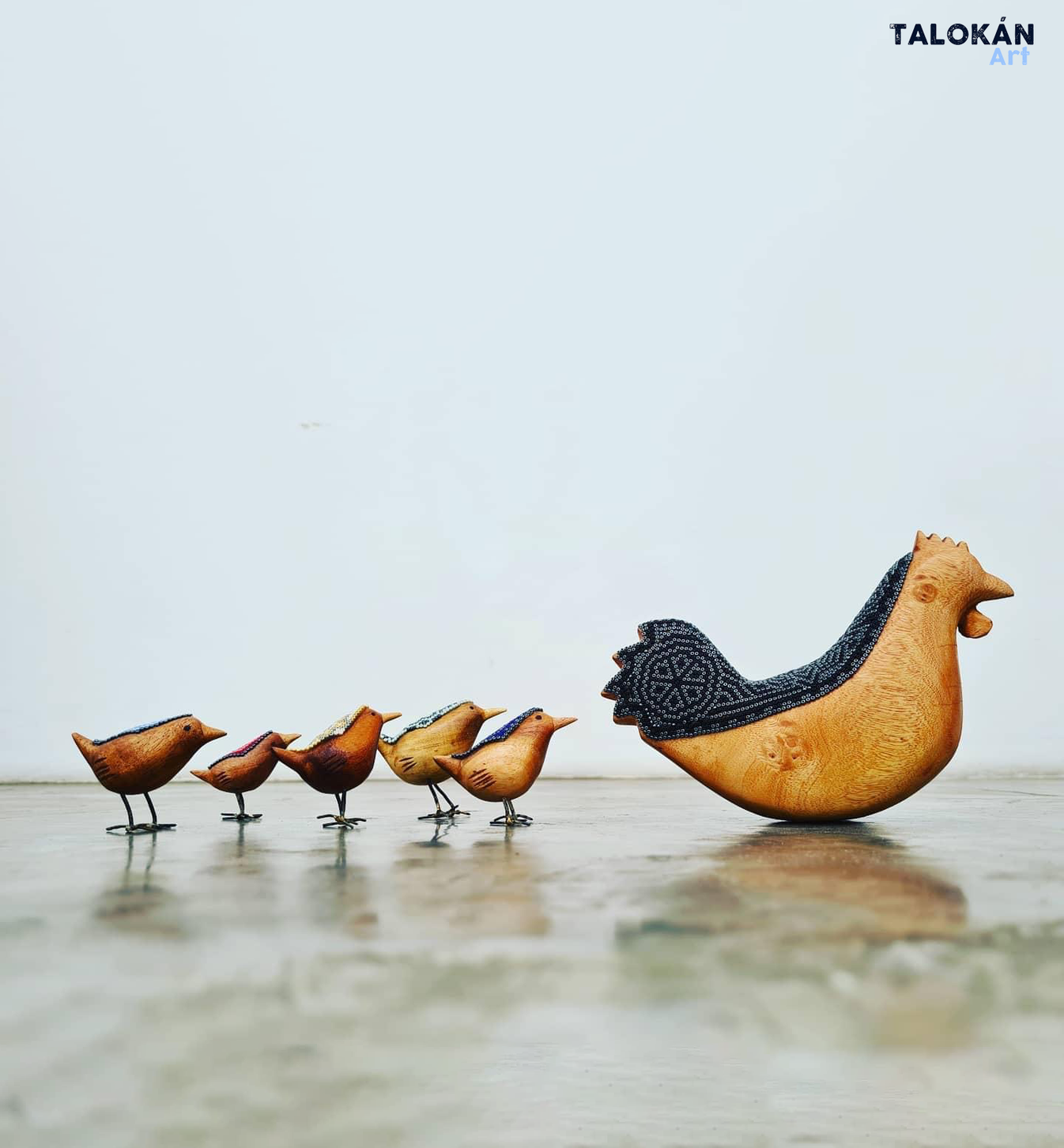 Wooden Hen Figurine with Huichol Art | Beaded Wooden Hen | Talokan Art